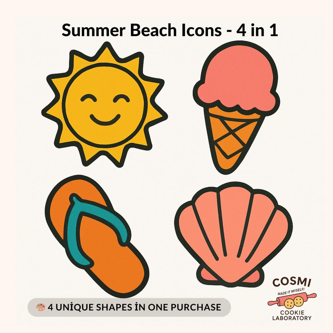 Summer Cookie Cutter Set: Sun, Ice Cream, Flip-flop, Seashell (digital ...