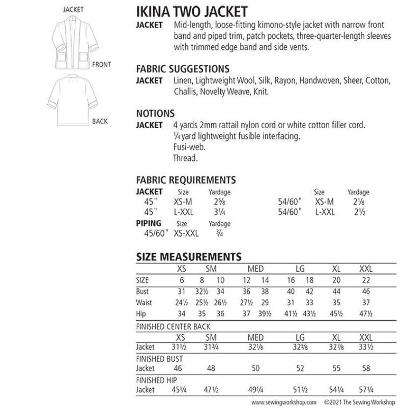 Kimono Pattern the Ikina Two Jacket Paper Pattern the Sewing Workshop ...