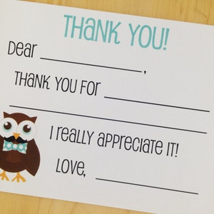 Owl Fill in the Blank Thank You Cards | Kids Thank You Cards | Kids ...
