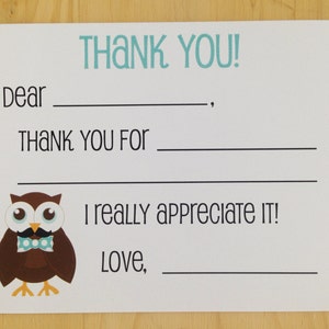 Owl Fill in the Blank Thank You Cards | Kids Thank You Cards | Kids ...
