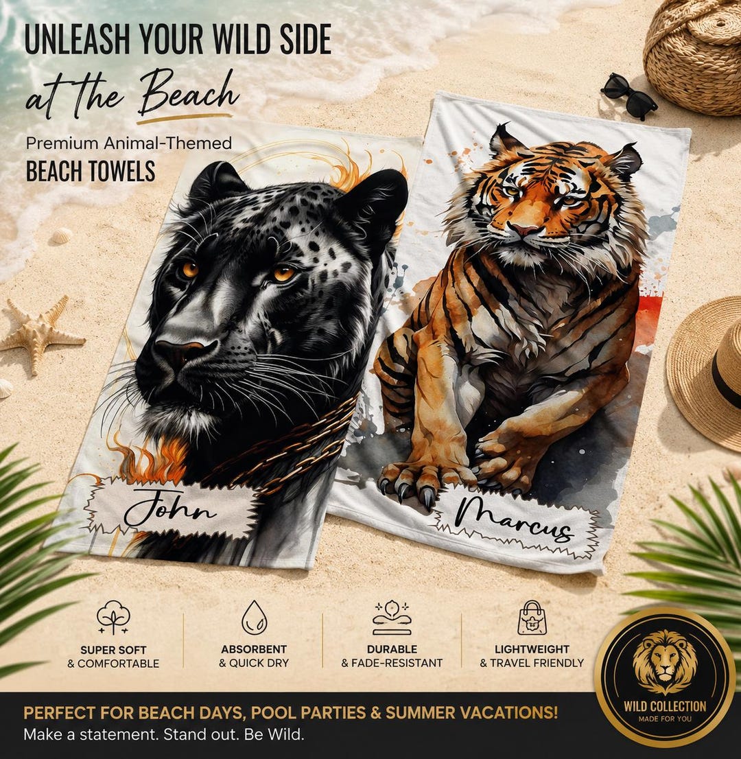 Personalized Tiger Beach Towels, Custom Name, Bold Animal Design ...
