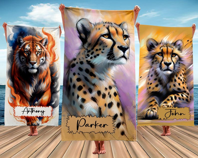 Personalized Tiger Beach Towels, Custom Name, Bold Animal Design ...