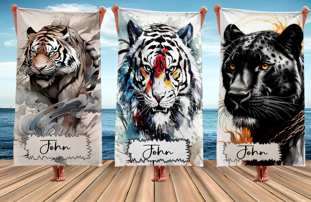 Personalized Tiger Beach Towels, Custom Name, Bold Animal Design ...