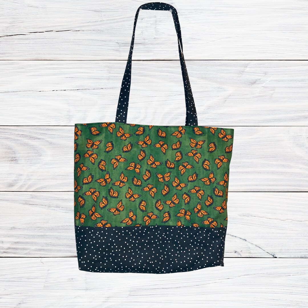 Handmade Tote Bag Monarch Butterflies on Green With Black & White Polka ...