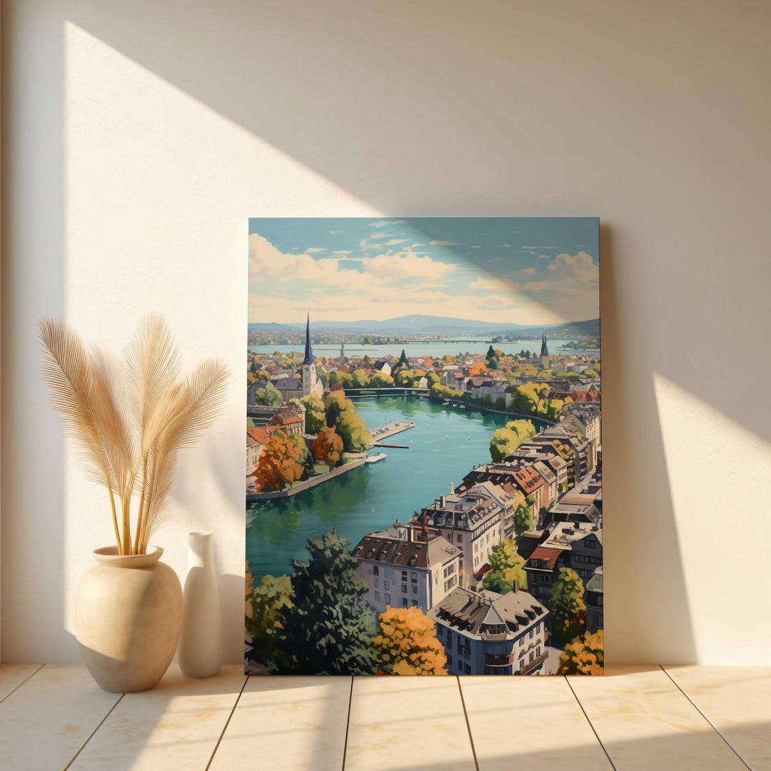 Zurich Switzerland Europe Oil Painting Style Print Matted Travel Canvas ...
