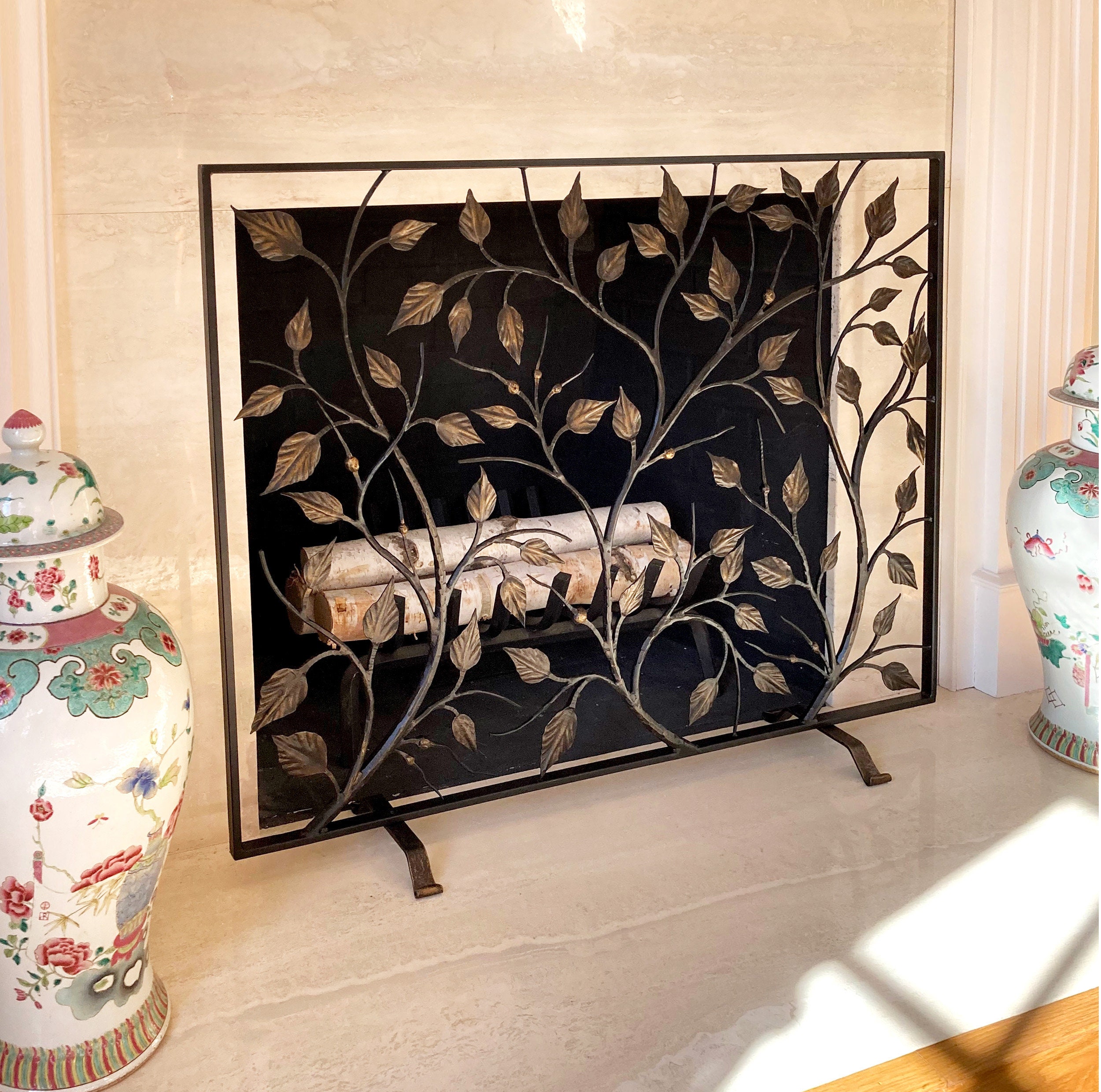 Artistic Hand Forged Fireplace Screen Iron Wrought Fireplace Cover ...