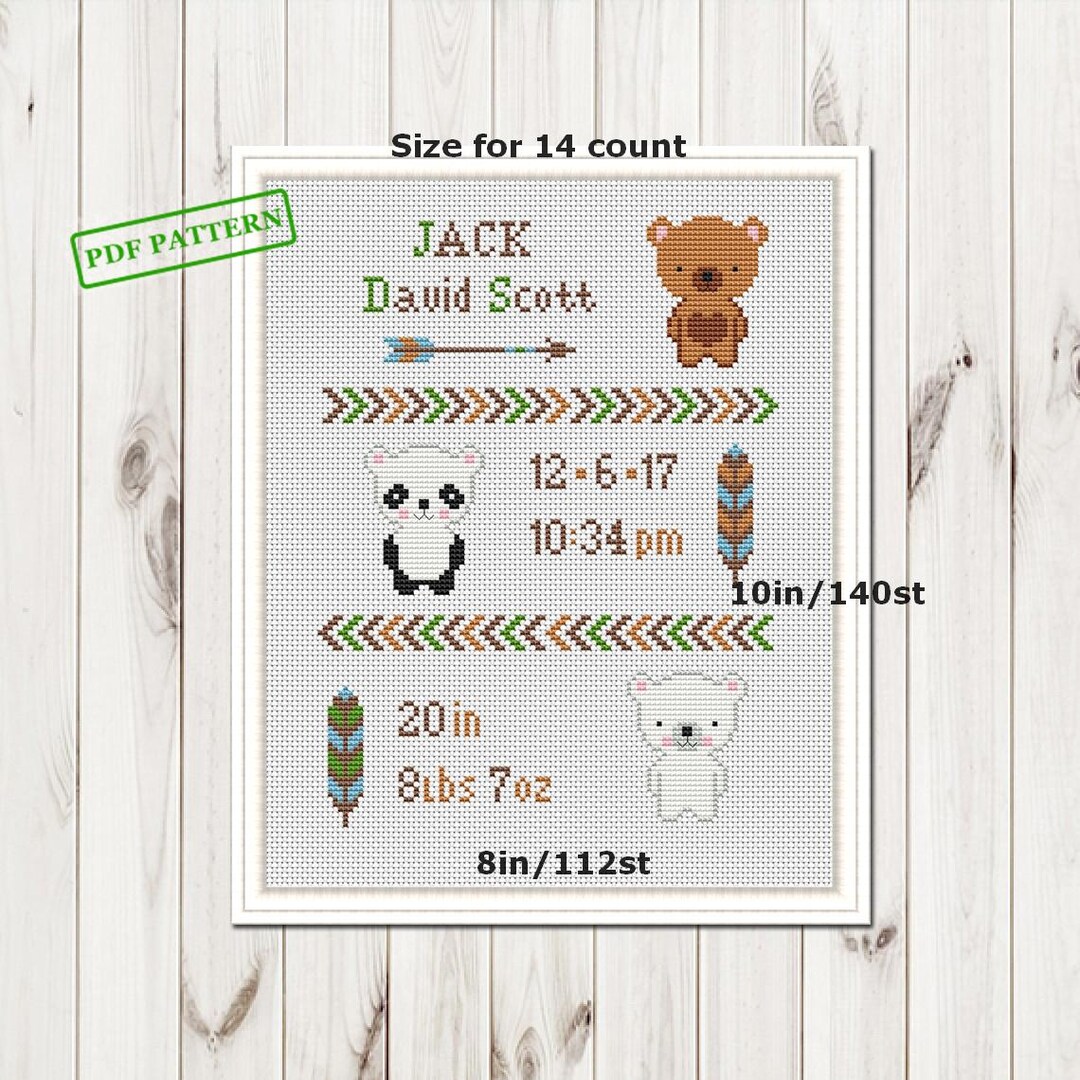 Boho Animals Baby Pattern Pdf Bear Boy Birth Announcement, Cross Stitch ...