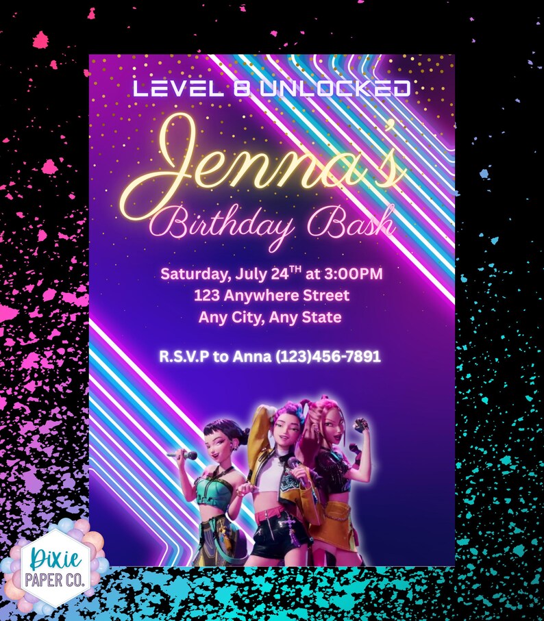 K-pop Demon Hunter Birthday Invitation | Neon Concert Party Invite ...
