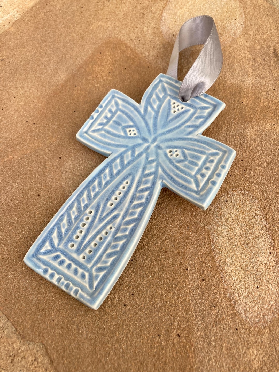 Light Blue Cross Ornament - Ceramic Stoneware Christmas Decoration - Etsy
