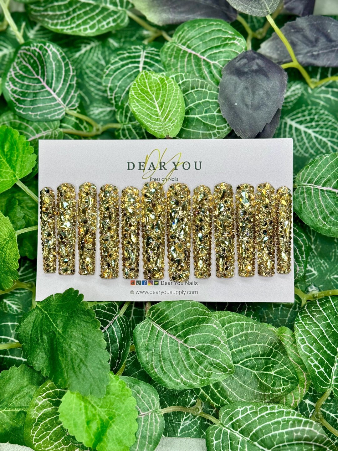 Gold Jeweled Nails | 5XL Length Square Shape | Press on Nails | Crystal ...