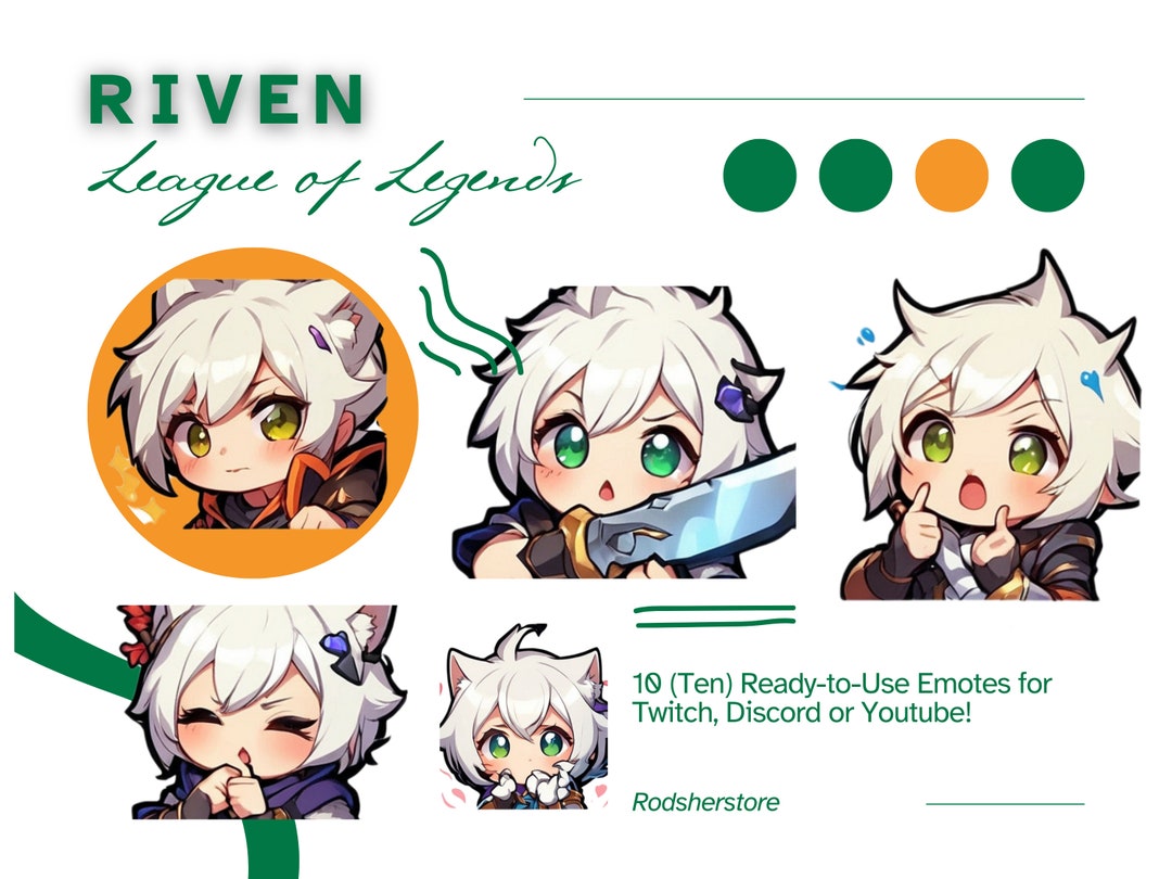 League of Legends Riven, Emotes. Stickers Estilo anime Twitch, Youtube ...