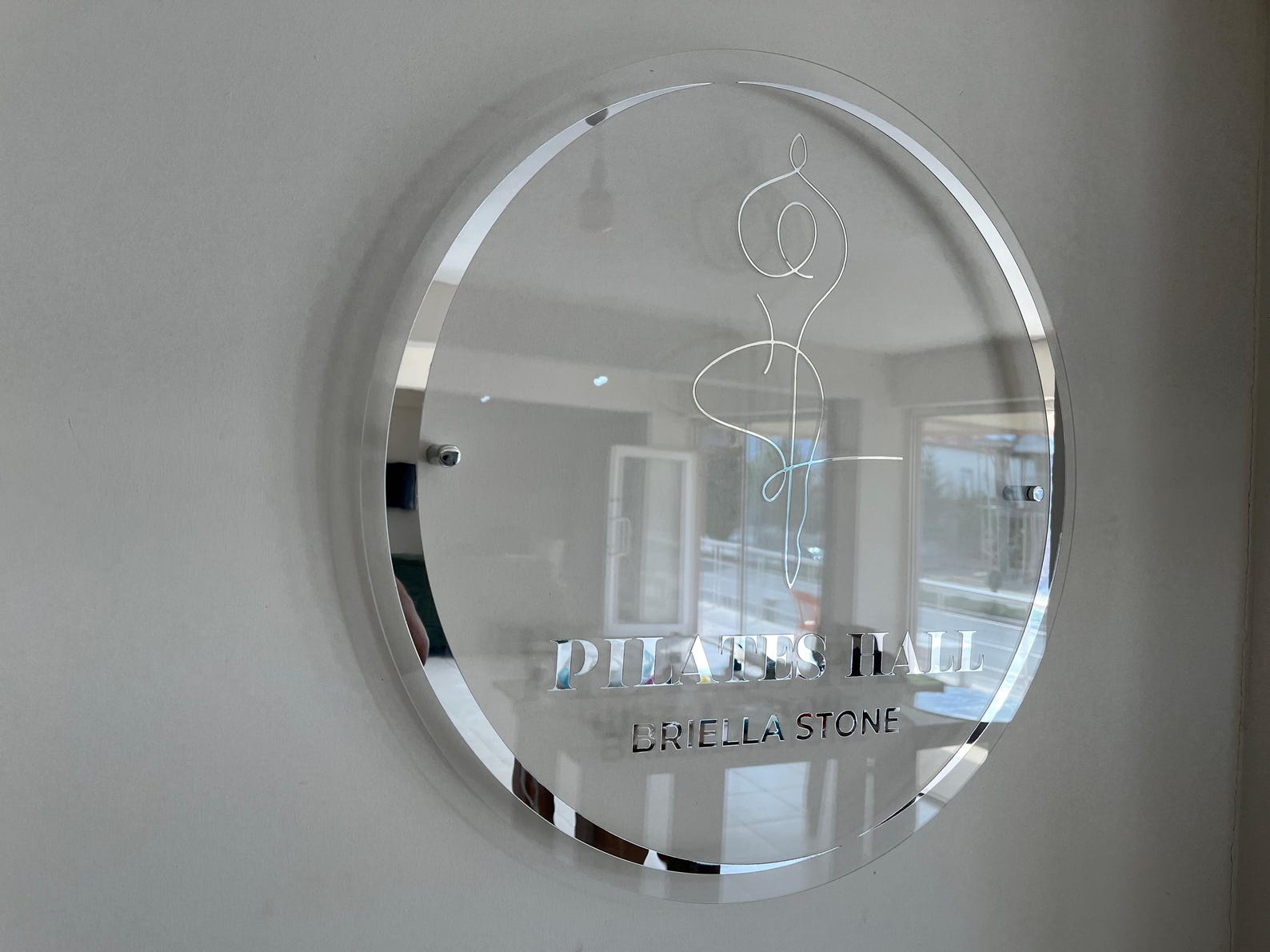 Custom Pilates Studio Sign Round Transparent Acrylic With Silver Logo ...