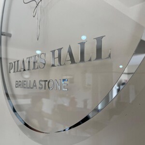 Custom Pilates Studio Sign – Round Transparent Acrylic With Silver Logo ...