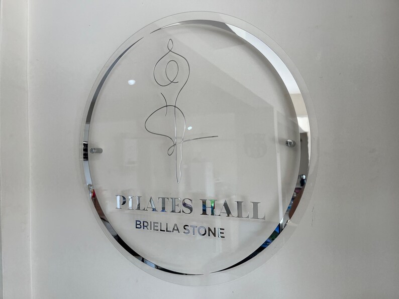 Custom Pilates Studio Sign – Round Transparent Acrylic With Silver Logo ...