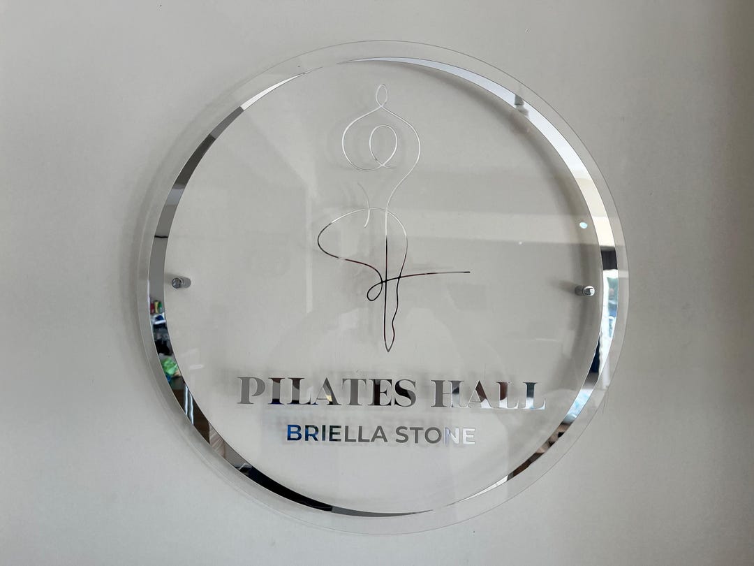 Custom Pilates Studio Sign Round Transparent Acrylic With Silver Logo ...