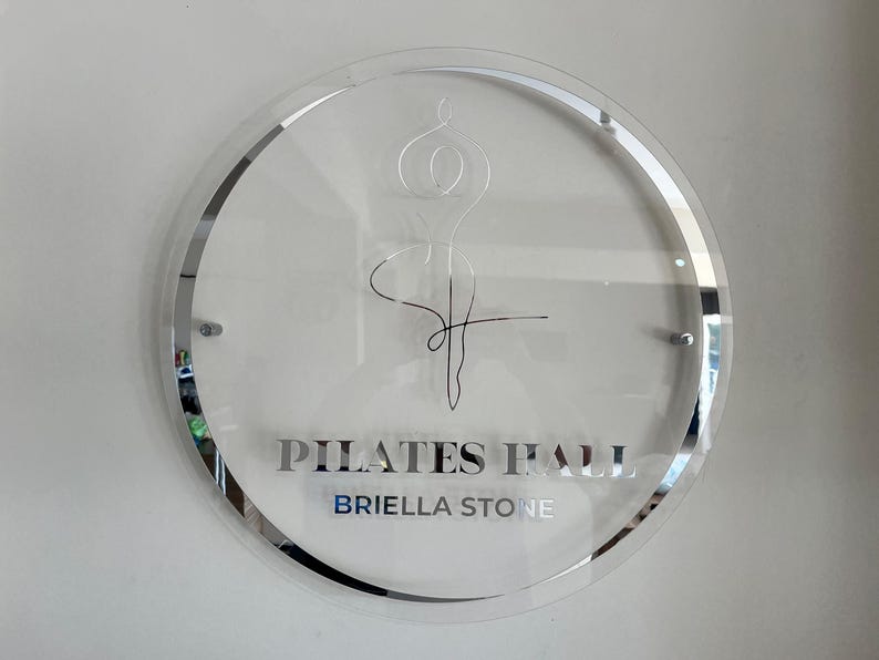 Custom Pilates Studio Sign Round Transparent Acrylic With Silver Logo ...