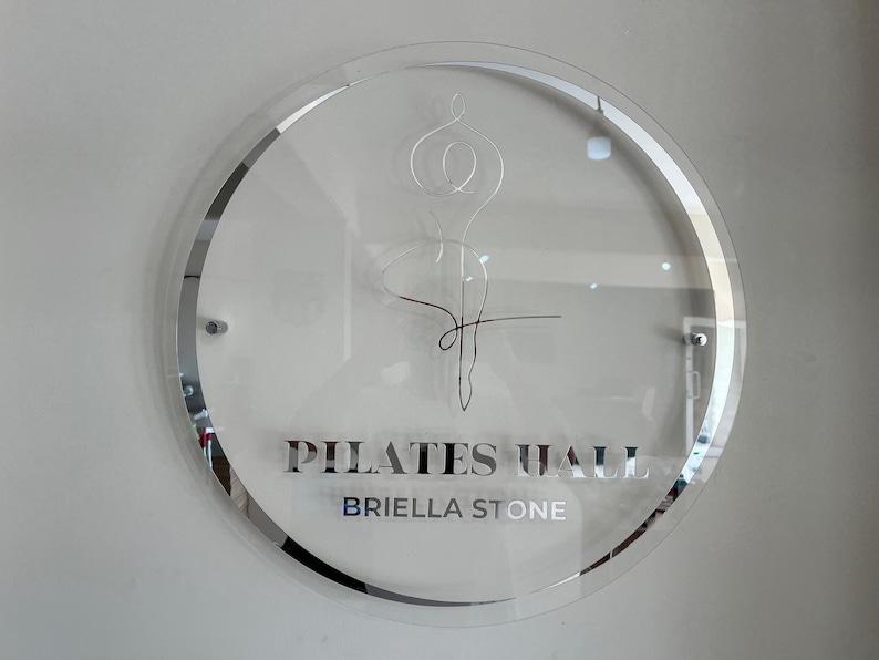 Custom Pilates Studio Sign Round Transparent Acrylic With Silver Logo ...