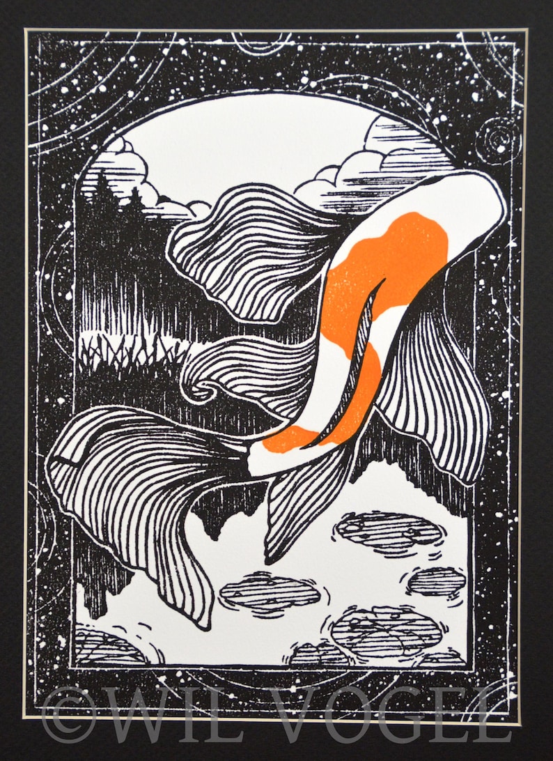 Koi Fish Linocut Print Matted and Framed Hand Carved and Hand Printed ...