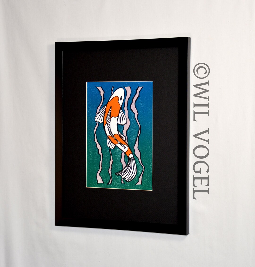 Kikusui Koi Fish Linocut Print Framed and Matted Hand Carved and Hand ...