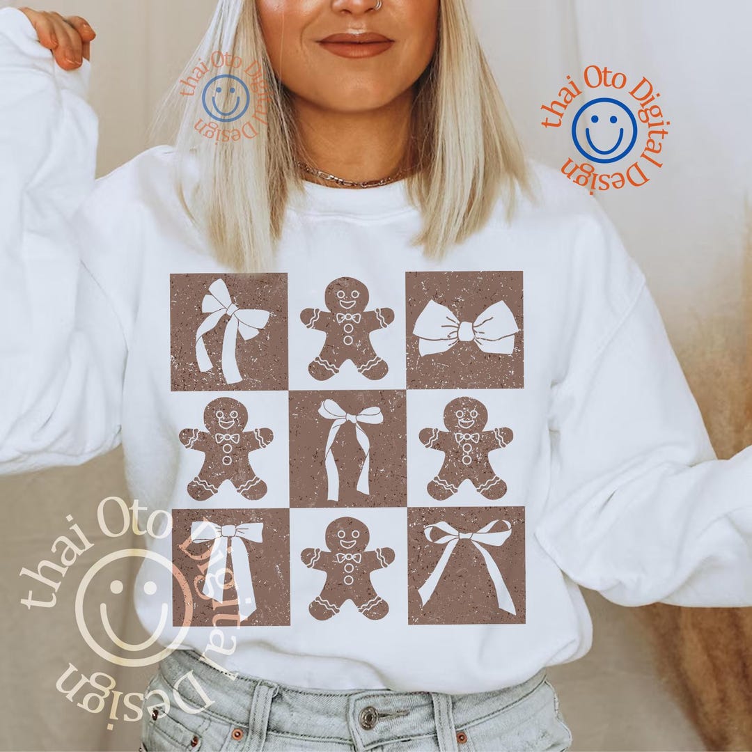 Checkered Gingerbread Man Svg Png, Trendy Christmas Bow Png, Checkered ...