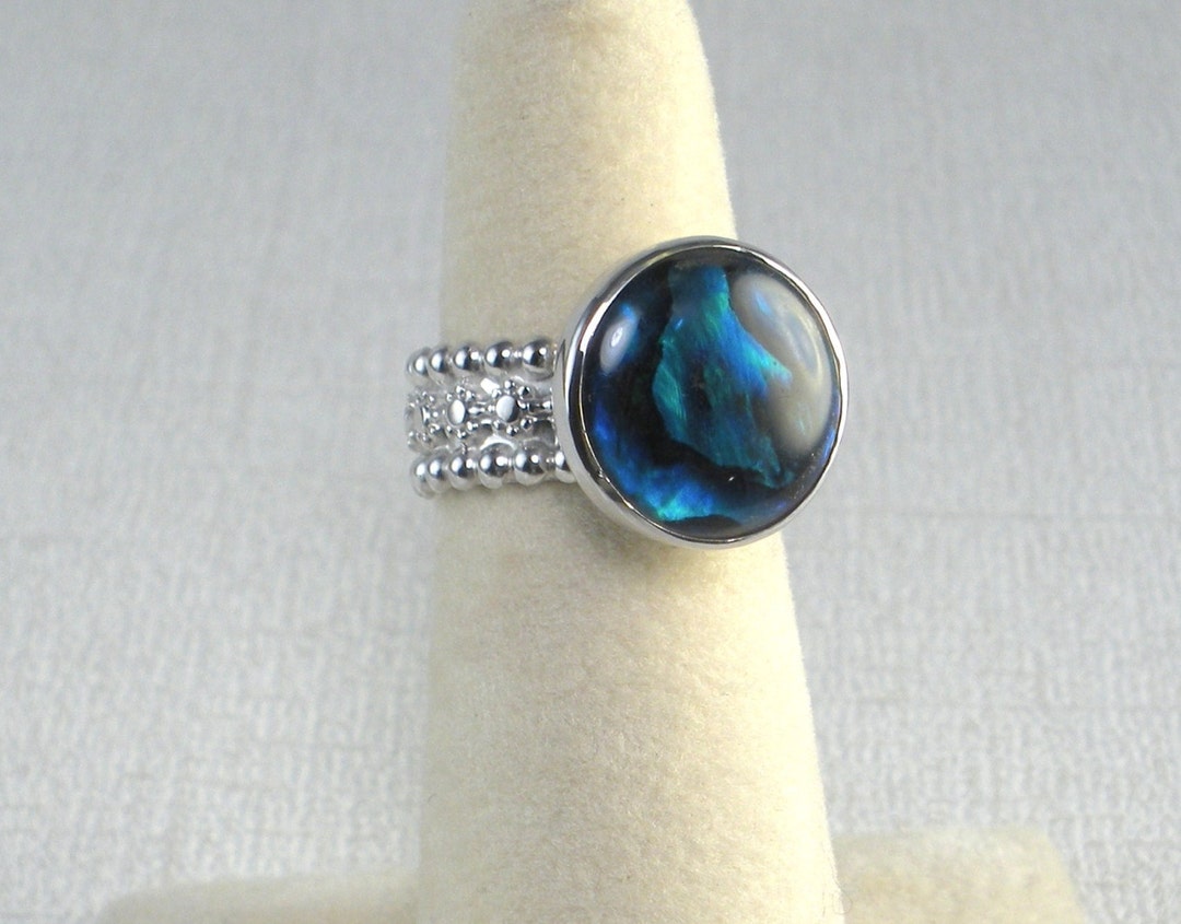 Paua Abalone Silver Ring Rainbow Shell Ring Blue Green Silver Paua Ring ...