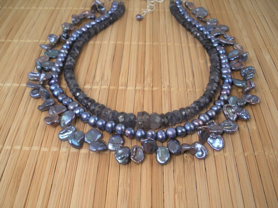 Blue Pearl Blue Stone Multi Strand Necklace Blue Tiered Necklace Iolite ...