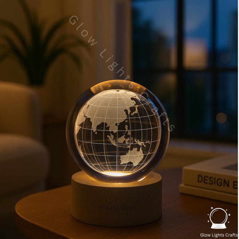 Earth Globe Crystal Ball Lamp With Wooden Base – 3D Engraved Earth ...