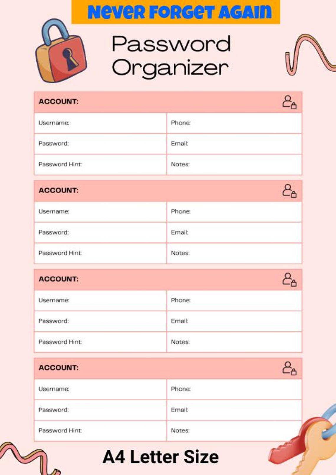 Password Tracker Printable & Fillable, Password Keeper, Password ...