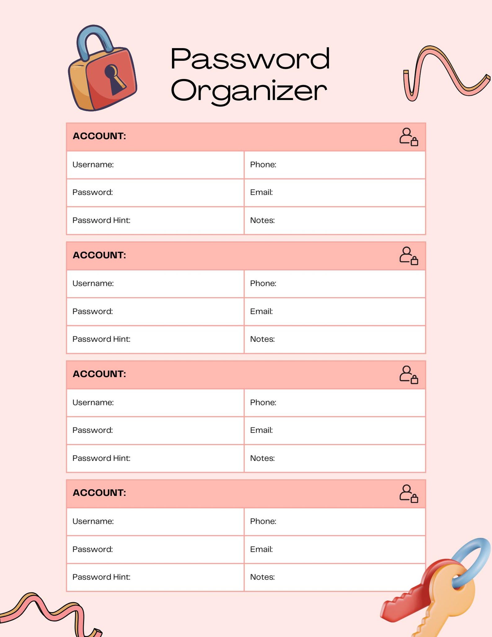 Password Tracker Printable & Fillable, Password Keeper, Password ...