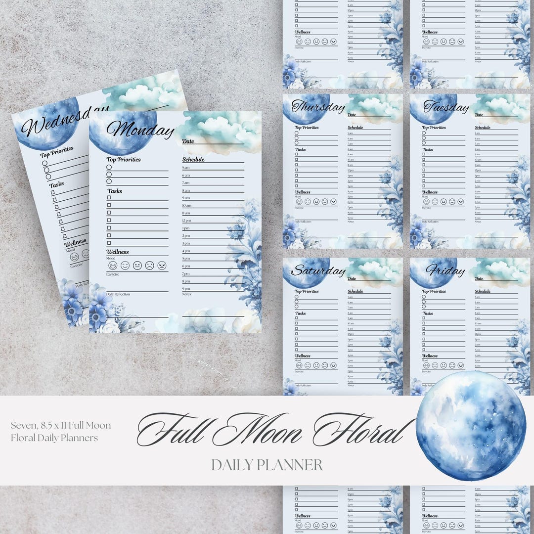 Full Moon Floral Daily Planner | Printable 7 Day Schedule | Instant ...