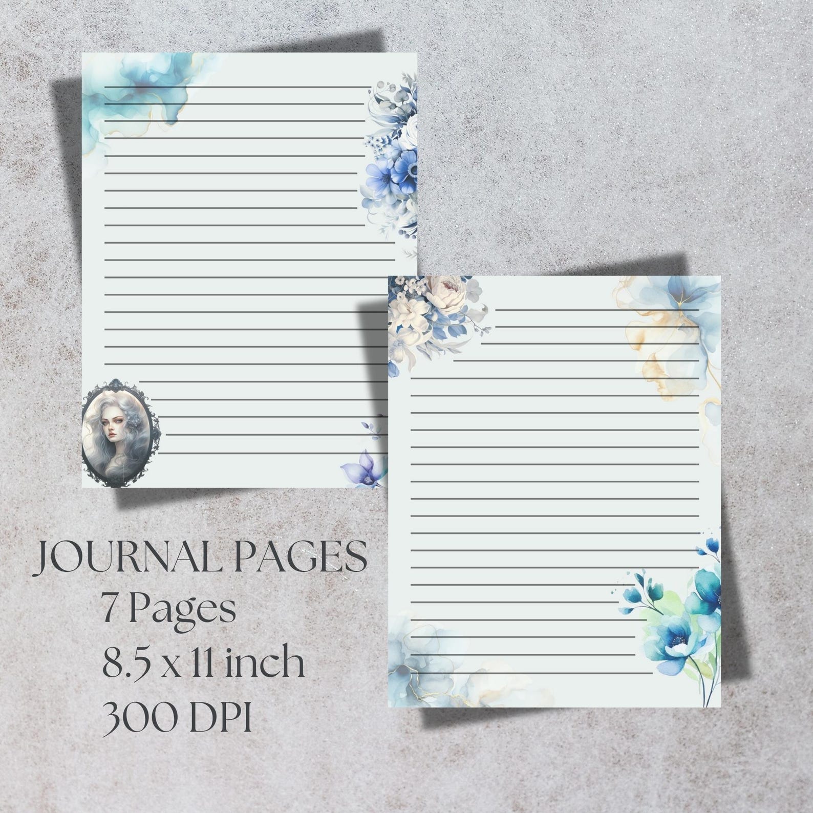 Dusty Blue Floral Lined Journal Pages | 6 Unique Printable Papers ...