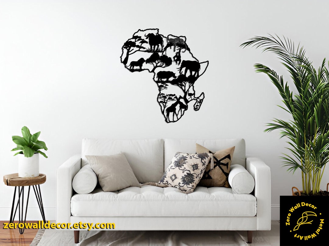 Africa Map Wall Art, Africa Wildlife Animals Map, Metal Wall Decor ...