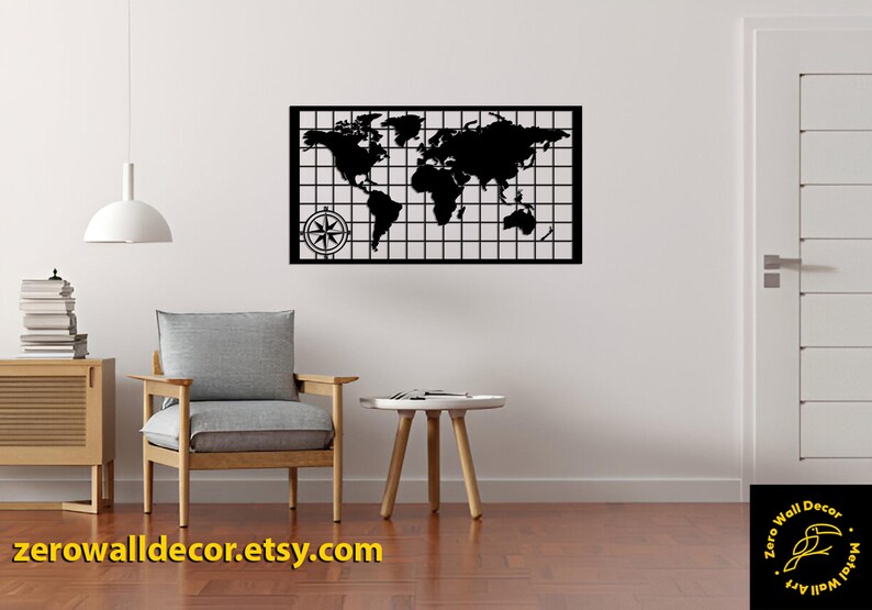 World Map Metal Wall Art, World Map Compass , Metal Wall Decor, Home ...