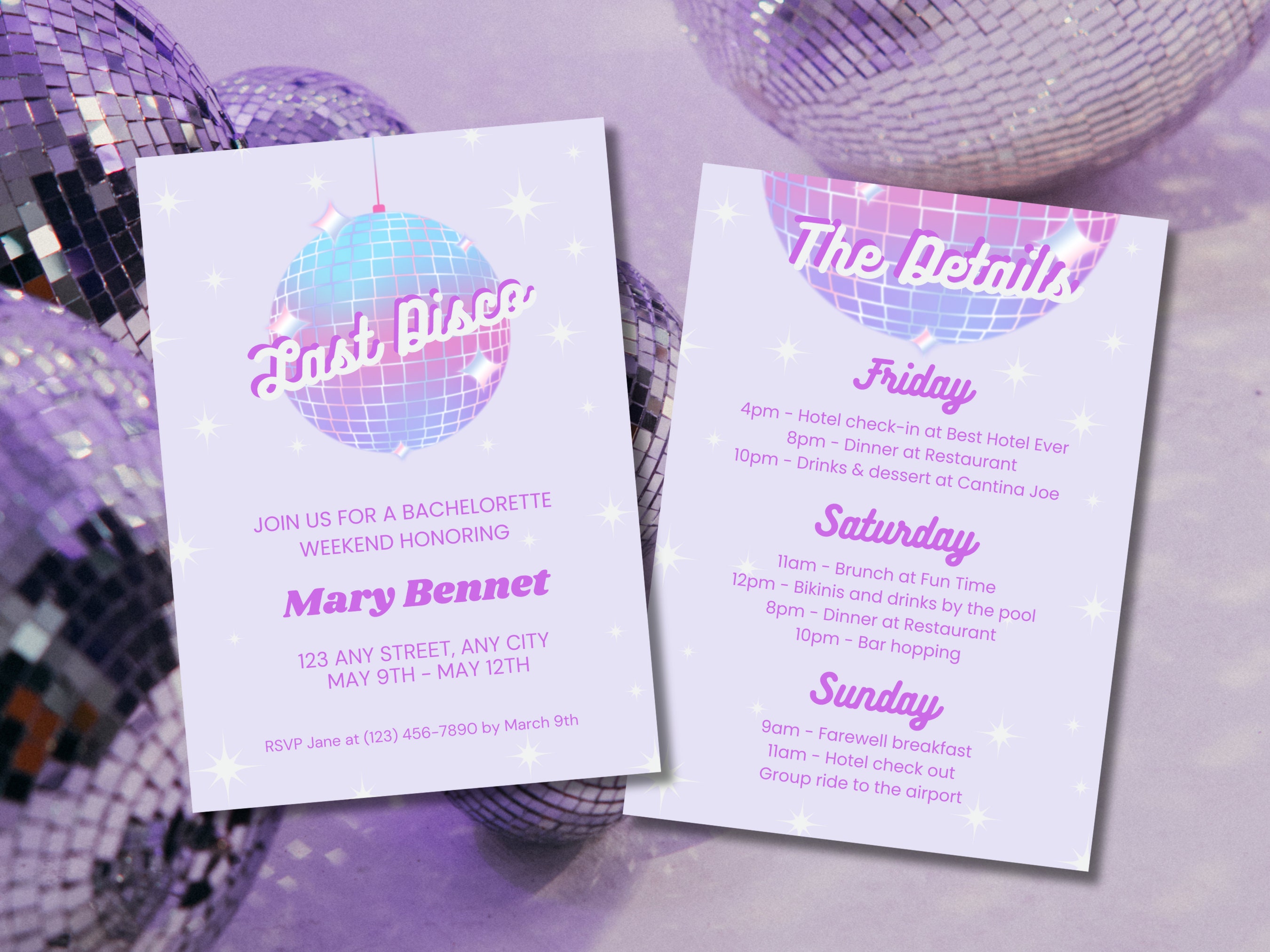 Last Disco Bachelorette Party Invite Template, Bach Weekend Itinerary ...
