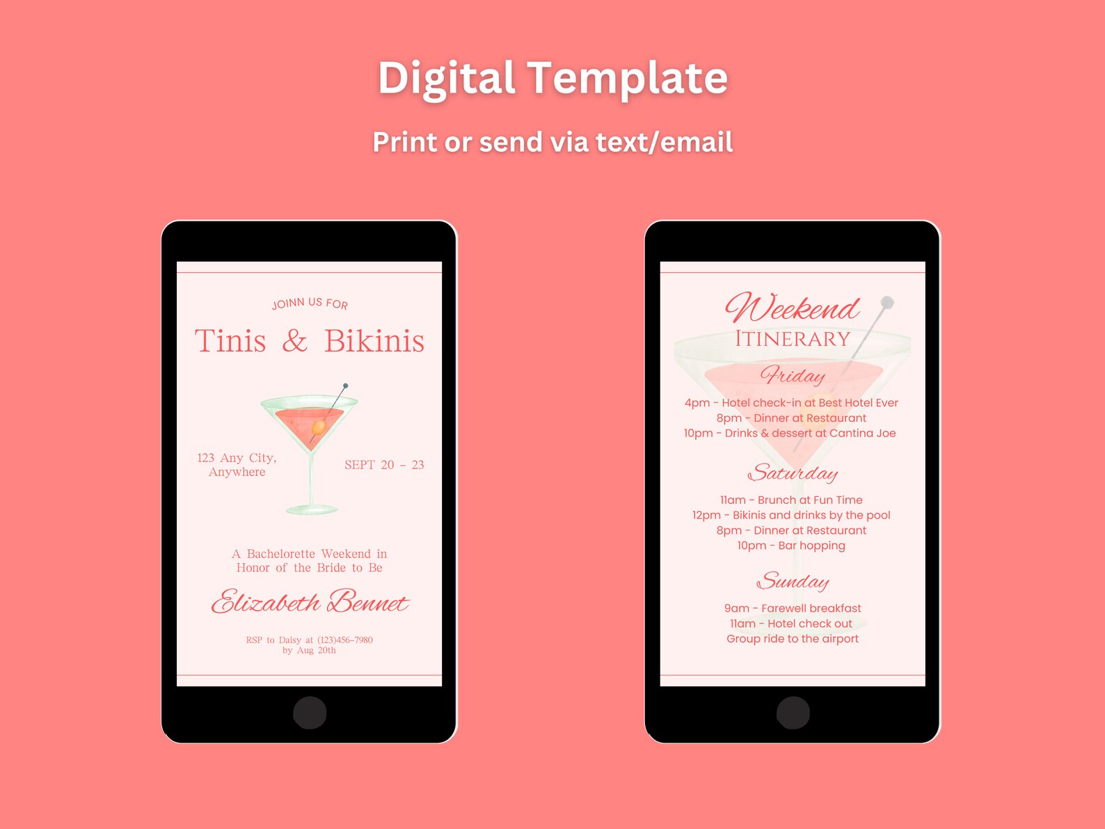 Tinis and Bikinis Pink Bachelorette Party Invite Template, Bach Weekend ...