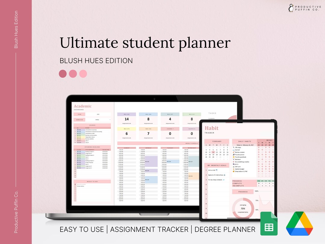 Student Planner Spreadsheet Template Google Sheet | Blush Pink ...