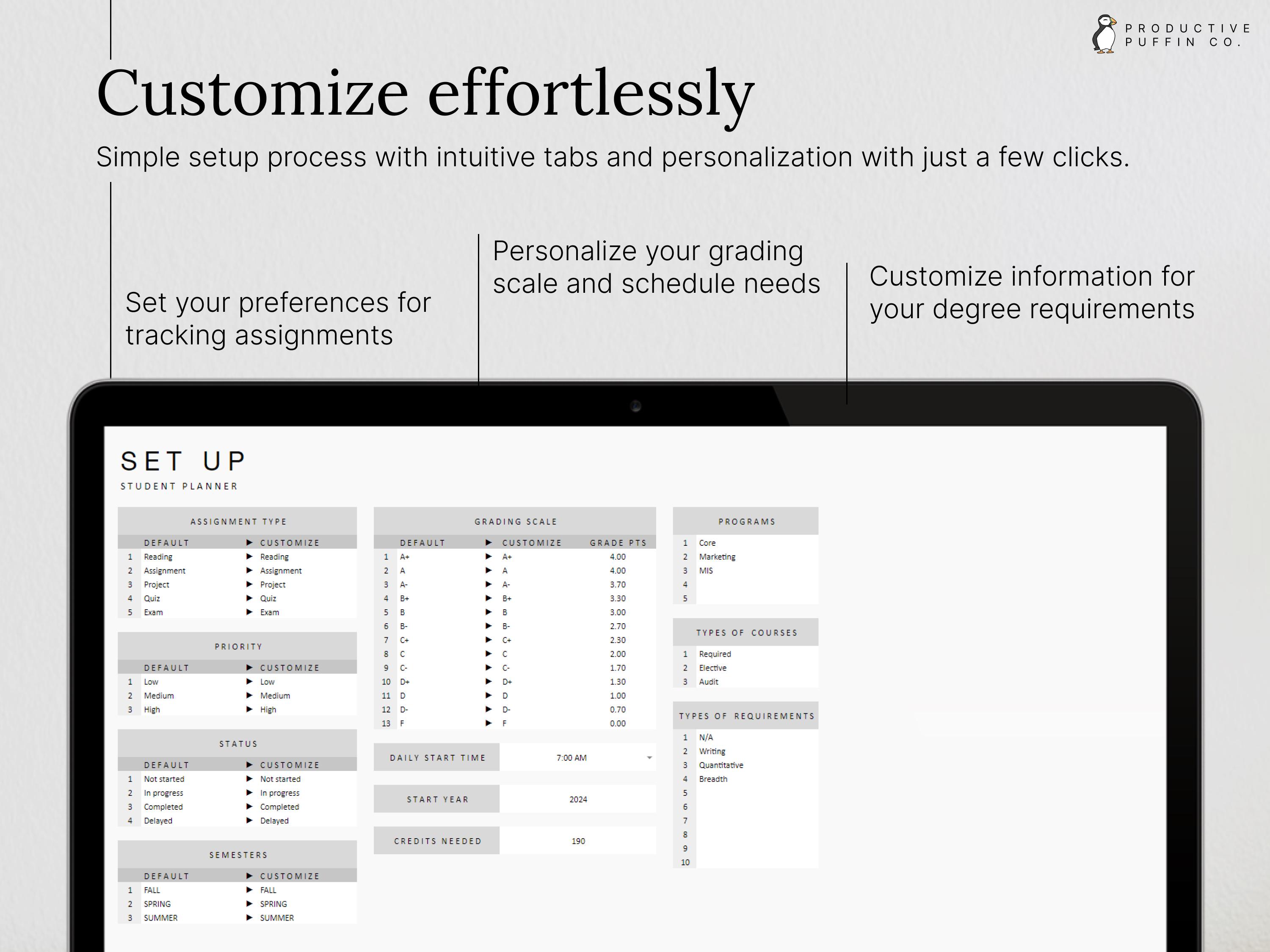 Student Planner Spreadsheet Template Google Sheets | Grey Monochrome ...