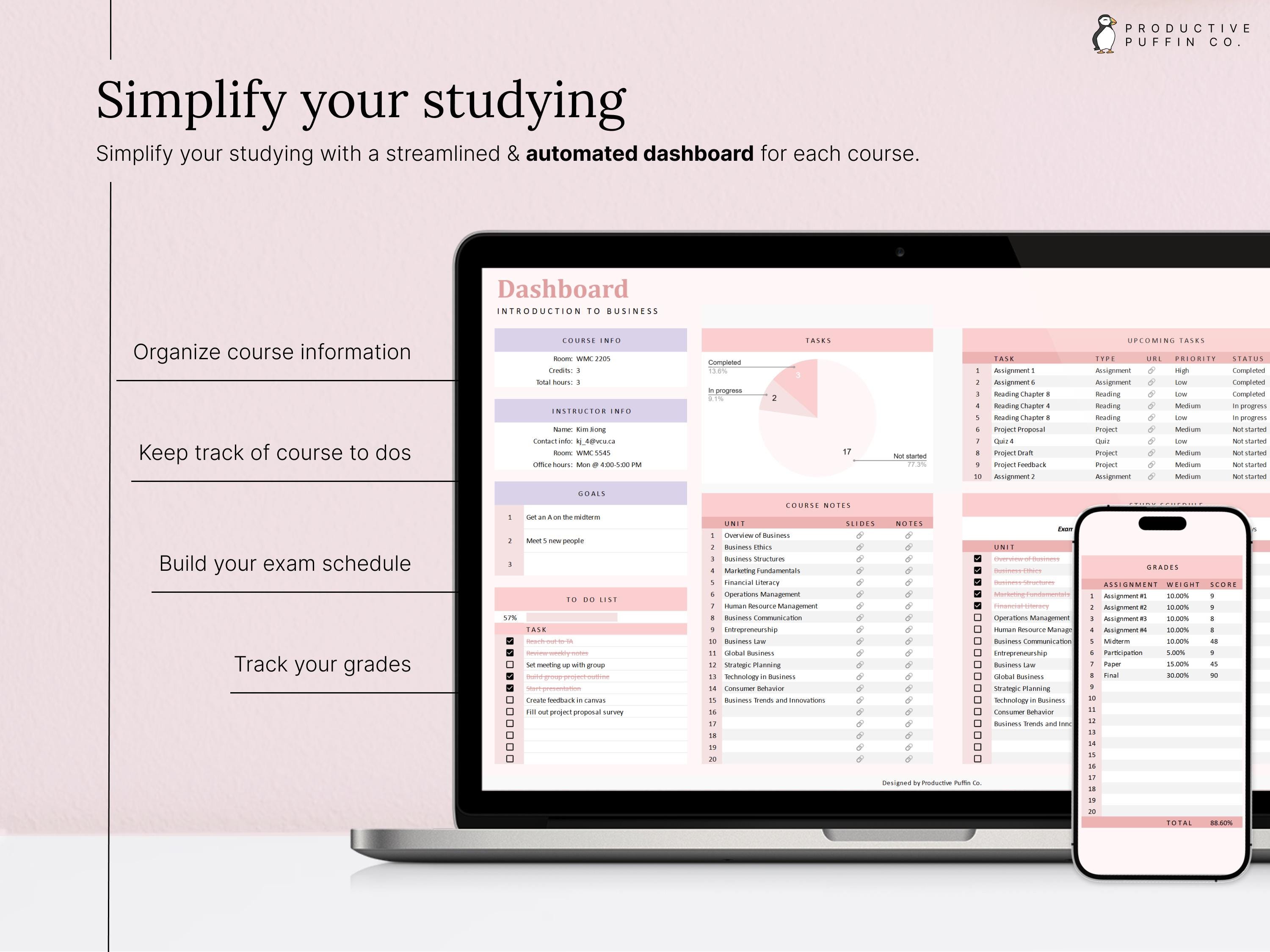 Student Planner Spreadsheet Template Google Sheet | Blush Pink ...