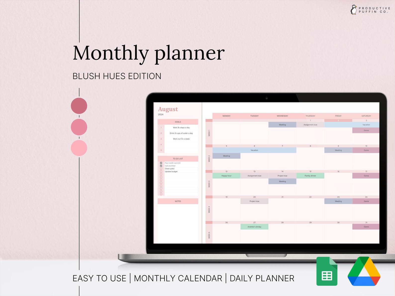 Monthly Calendar Spreadsheet Template Google Sheets | Blush Pink Habit ...