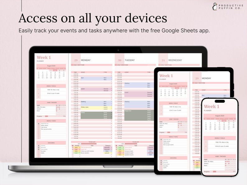 Monthly Calendar Spreadsheet Template Google Sheets | Blush Pink Habit ...