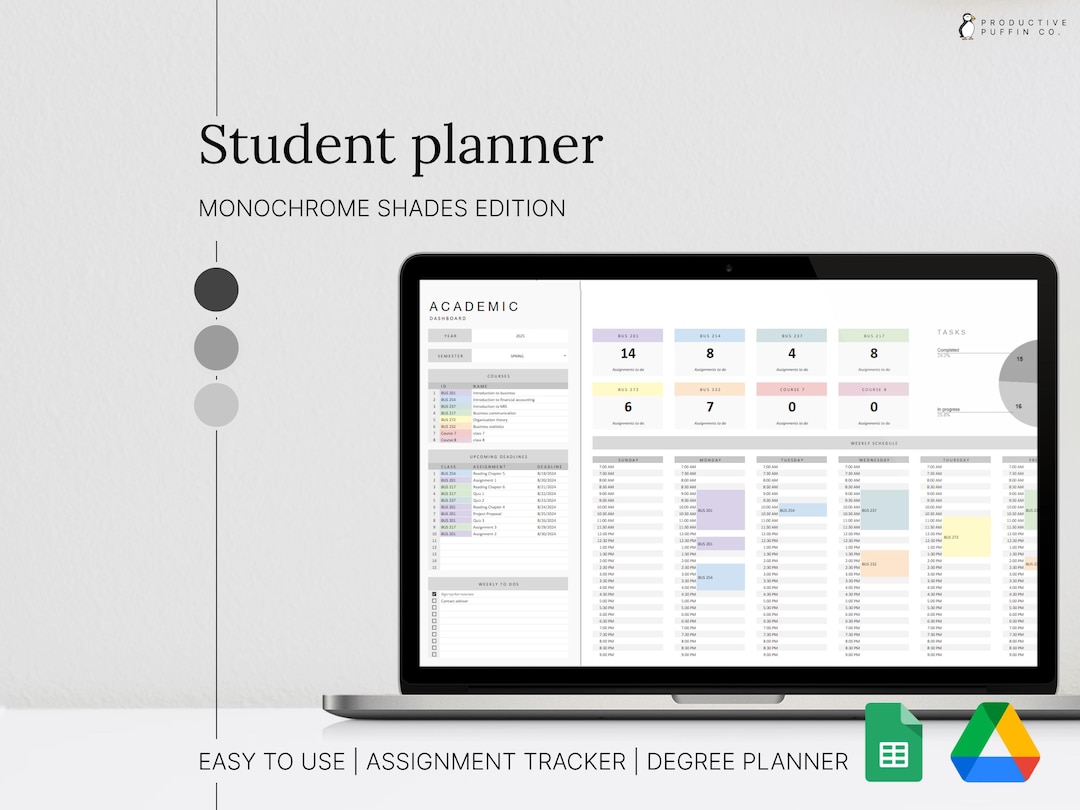 Student Planner Spreadsheet Template Google Sheets | Grey Monochrome ...