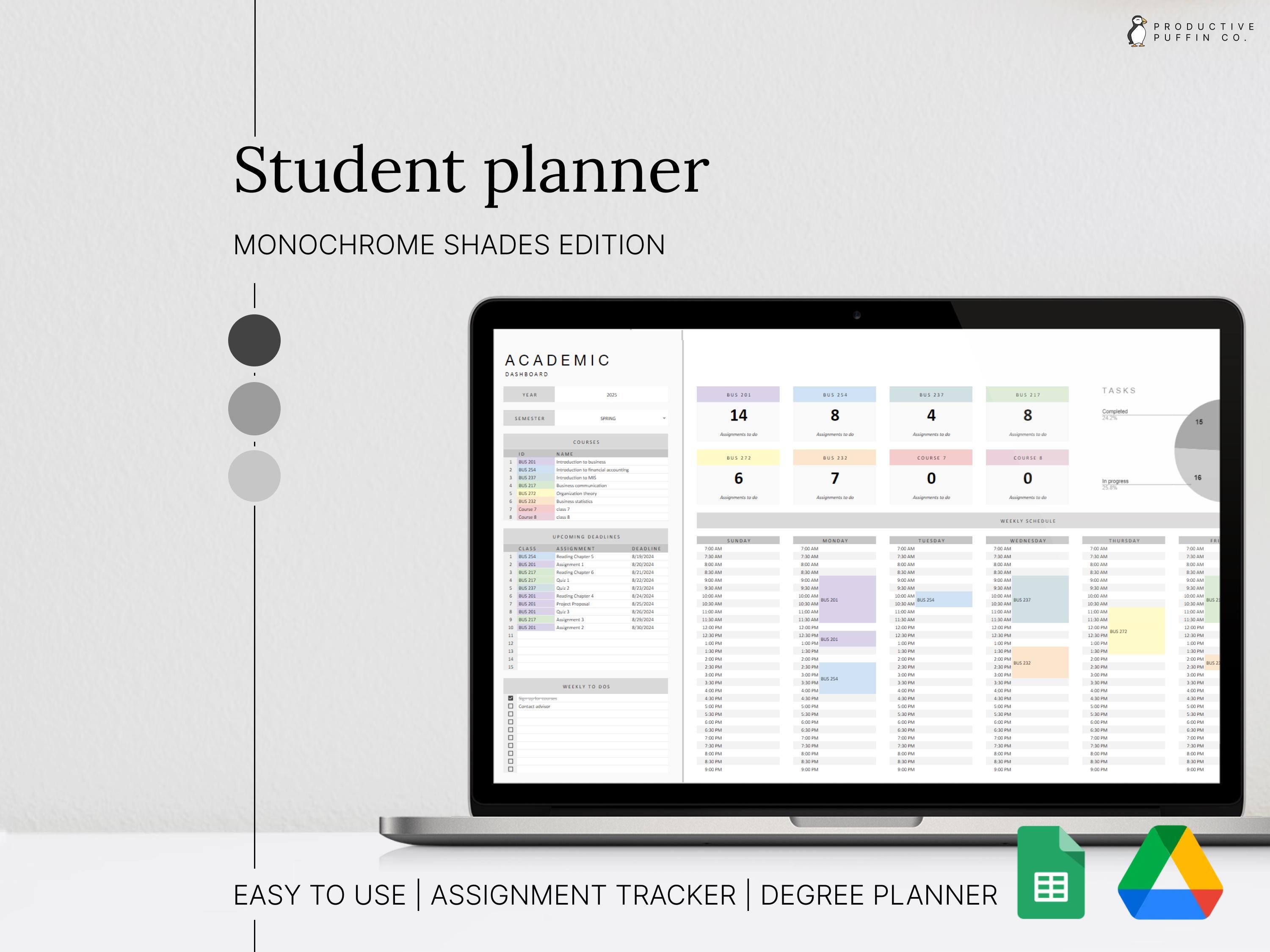 Student Planner Spreadsheet Template Google Sheets | Grey Monochrome ...