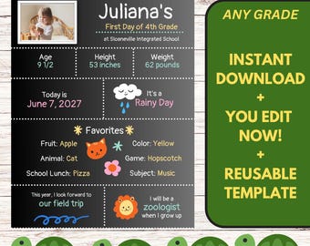 Editable First Day of School Printable Sign, Details Keepsake Photo ...