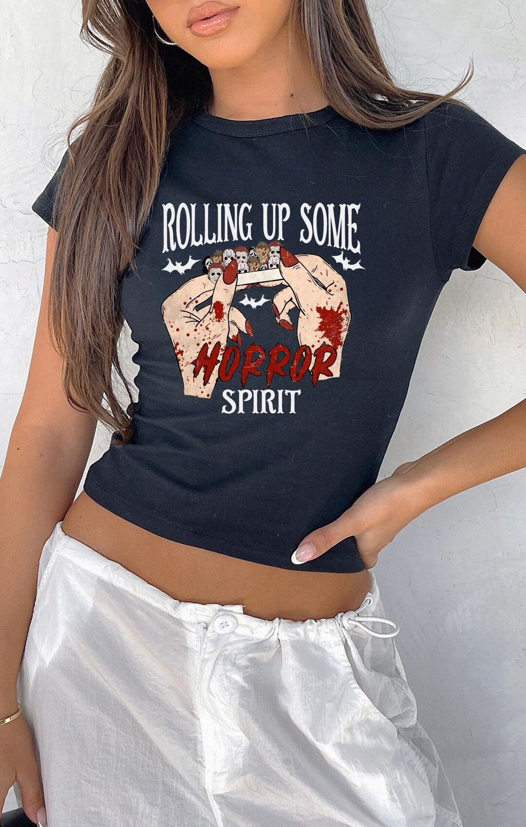 Rolling up Some Horror Spirit 90's Baby Tee, Funny Halloween Tank Top ...