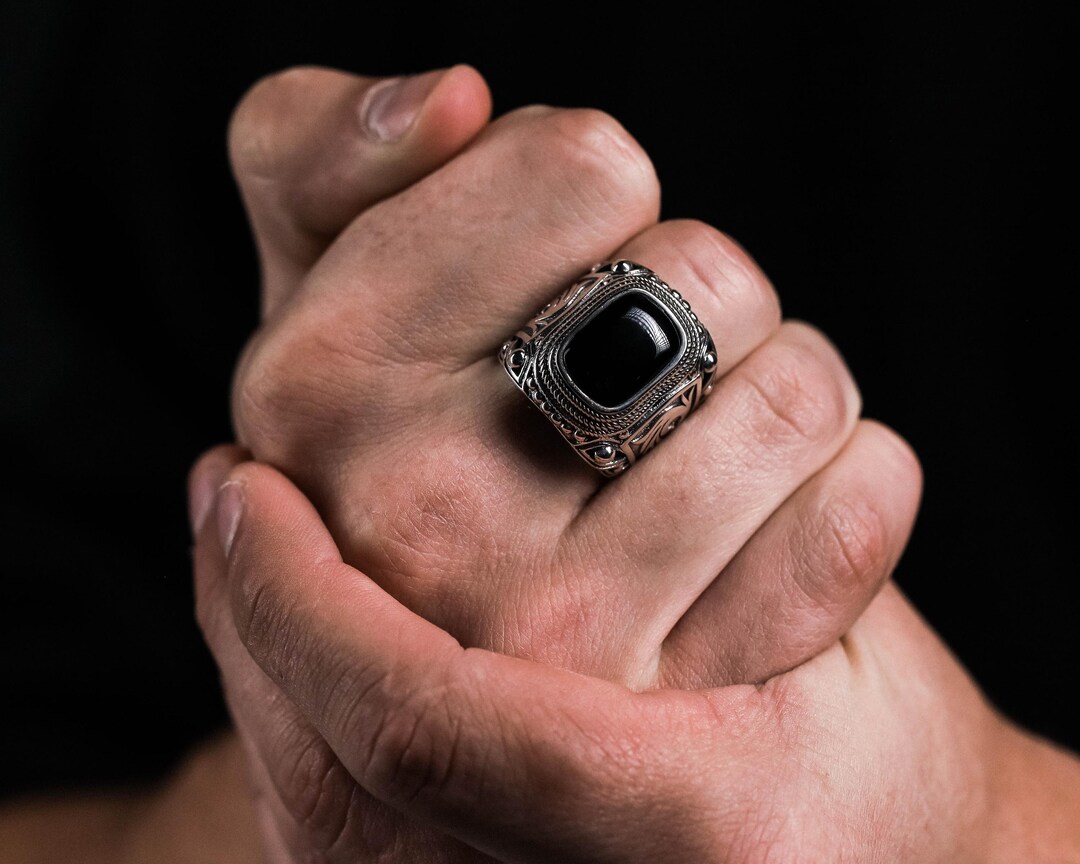 Large Stone Rings, Black Stone Rings Men, Silver Men Ring With Stone ...