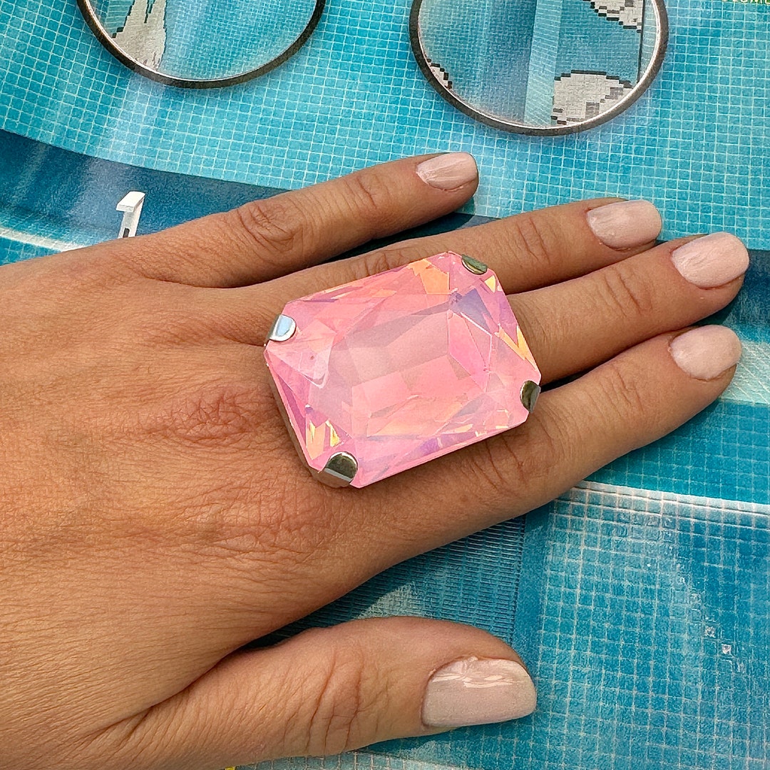 Huge Statement Rose Water Rectangle Ring, Large 40mm Crystal ...