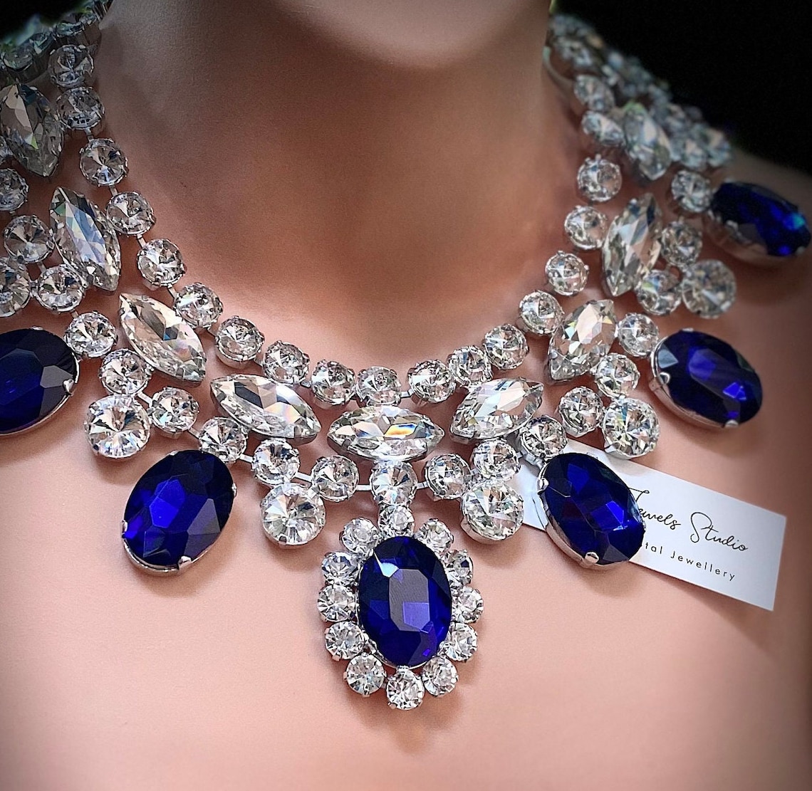 Statement Crystal & Sapphire Necklace, Adjustable to 22, Silver Plate ...