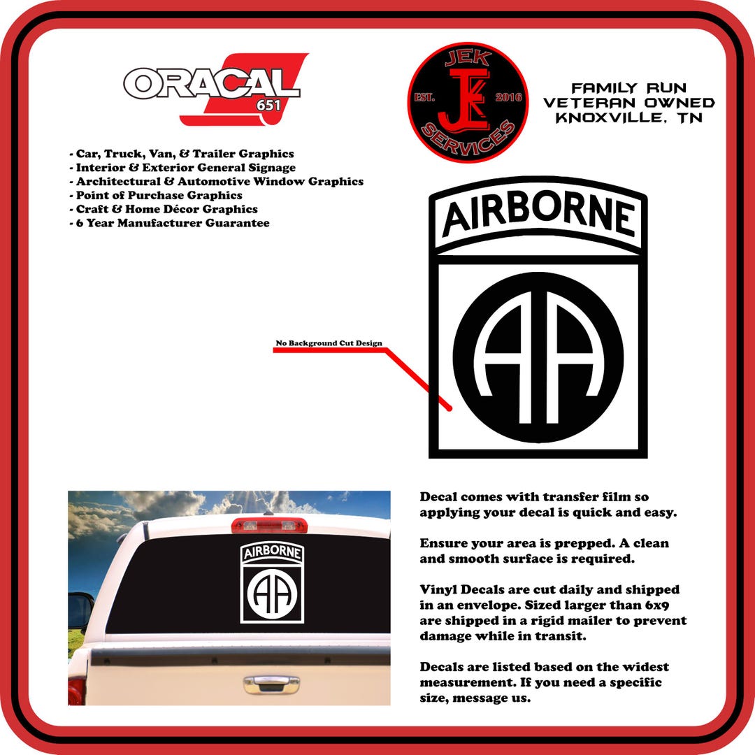 US Army, 82nd Airborne Division Vinyl Cut Sticker Decal for Cars ...