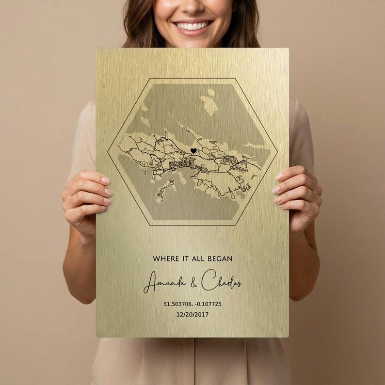 Personalized Gold Location Map: 50th Anniversary Gift . Metalized Wall ...