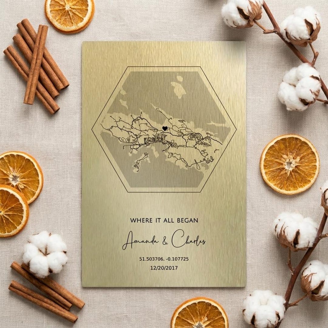 Personalized Gold Location Map: 50th Anniversary Gift . Metalized Wall ...